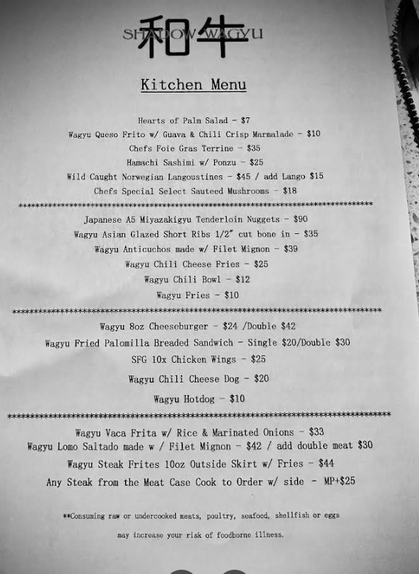 Shadow Wagyu Menu | Premium Wagyu Beef & Butcher Shop | Miami, FL