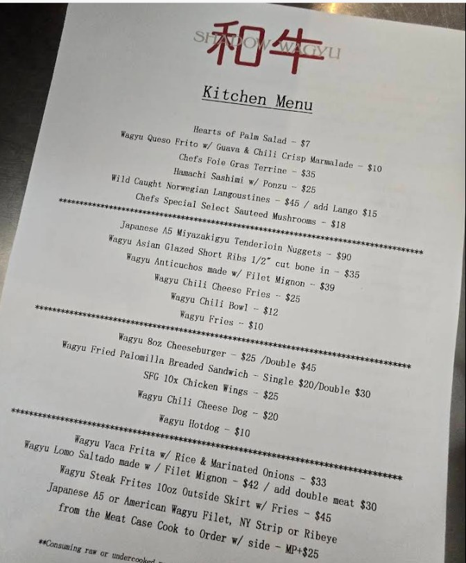 Shadow Wagyu Menu | Premium Wagyu Beef & Butcher Shop | Miami, FL