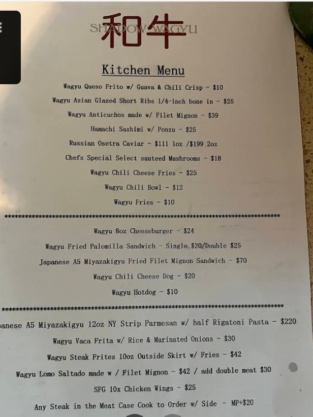 Shadow Wagyu Menu | Premium Wagyu Beef & Butcher Shop | Miami, FL